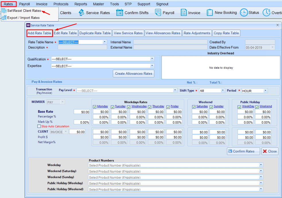 How to create new rate tables for pay/charge increases