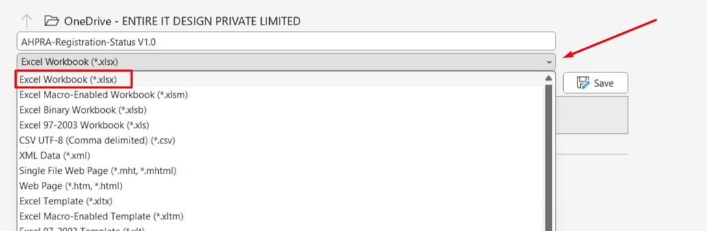 How to make my excel spreadsheet save as a .xlsx file