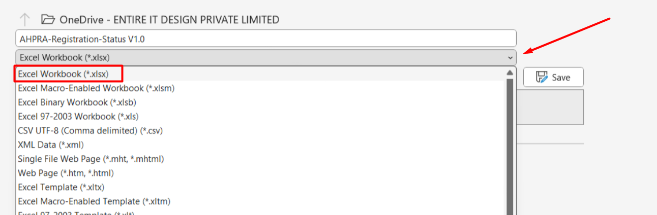 How to make my excel spreadsheet save as a .xlsx file