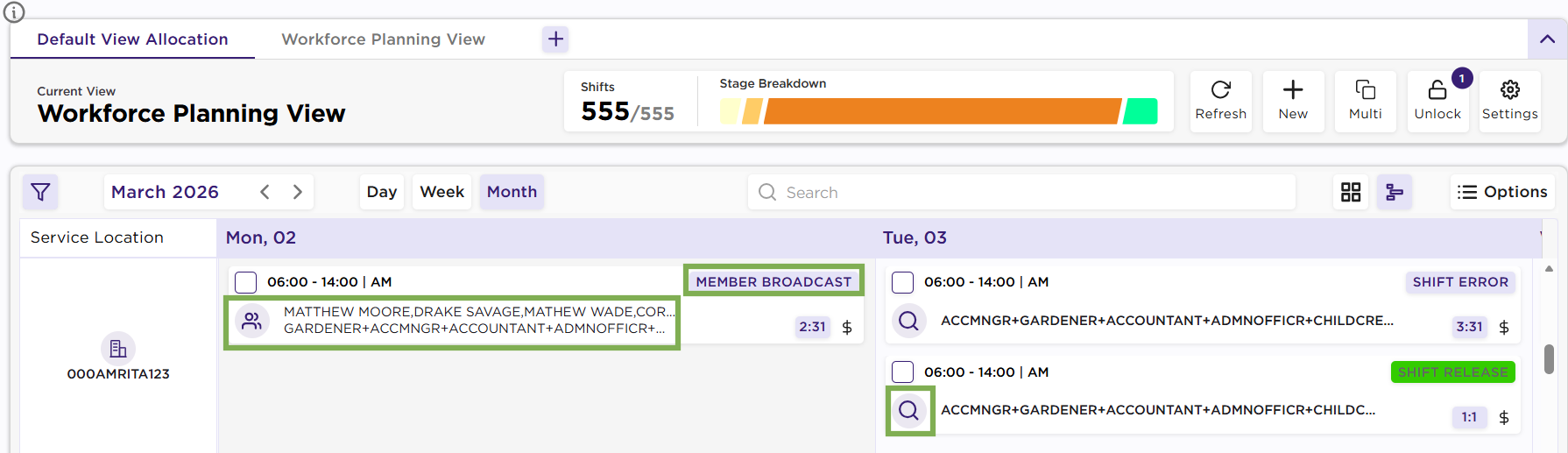 Shift Cards - Member / Broadcast / Search