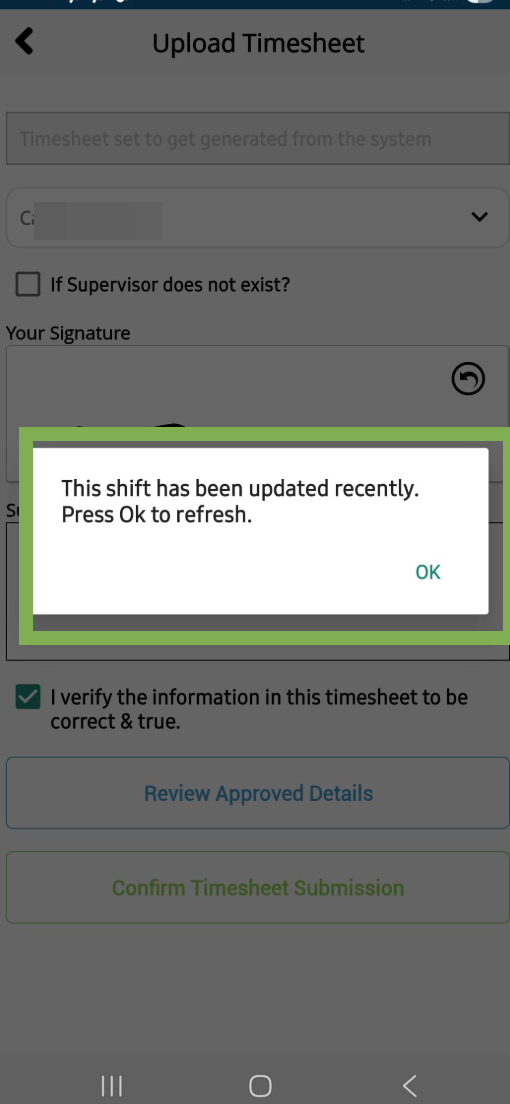 Error Code when submitting a timesheet: "The shift has recently been ...